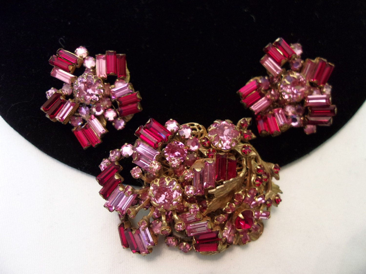 Miriam Haskell Vintage Flower Brooch And Earrings Pink Red Glass