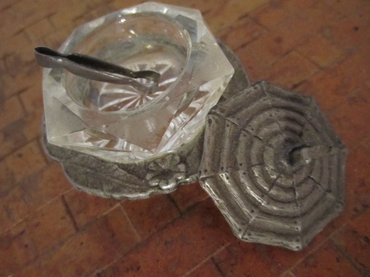 Tiny Glass and Metal Saccharin Sugar Server with Tongs Tea Party Dish ...
