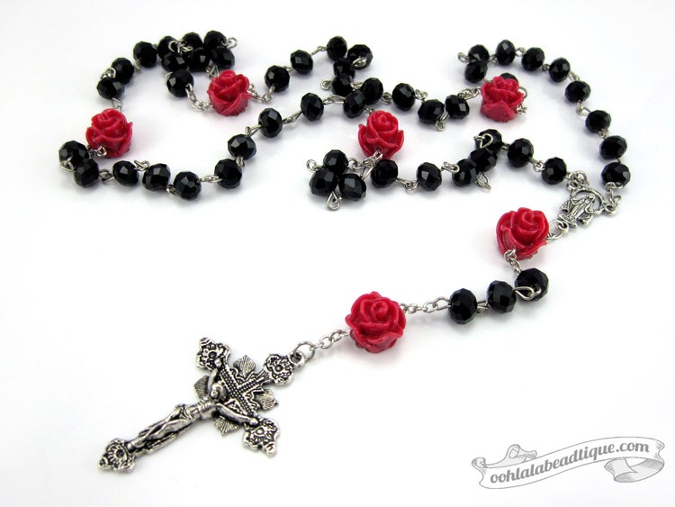 Red Rose Rosary black crystal rosary communion by OohlalaBeadtique