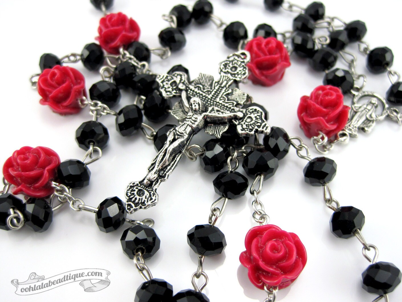 Red Rose Rosary black crystal rosary communion by OohlalaBeadtique