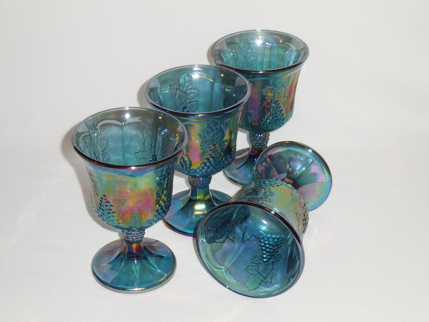 Iridescent Blue Carnival Glass Goblets, Harvest Grape, Set of 4 – Haute ...