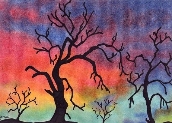 Colorful Trees Drawing Tree Art 9x12 Inch Pastel Drawing