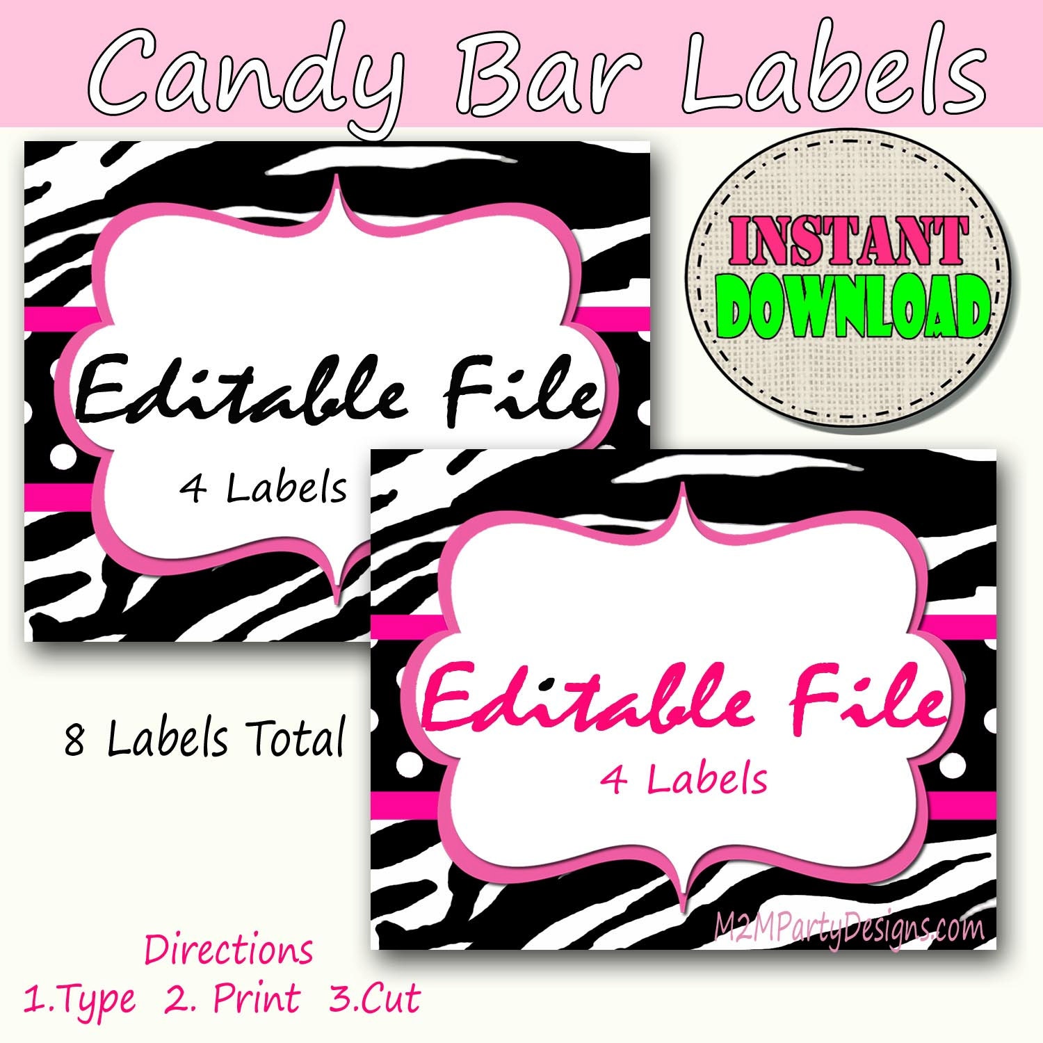 Candy Buffet Labels Chevron PInk Print EDITABLE Card Custom
