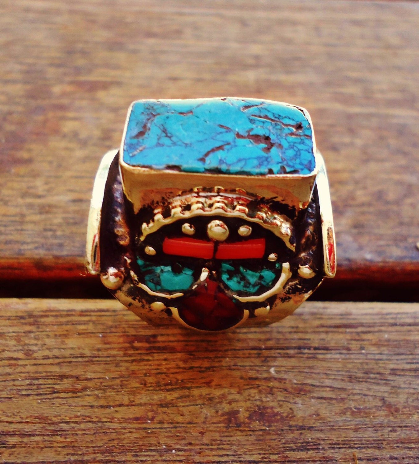 Turquoise ring Tibetan jewelry stone ring.Tibet by ZamarutJewel