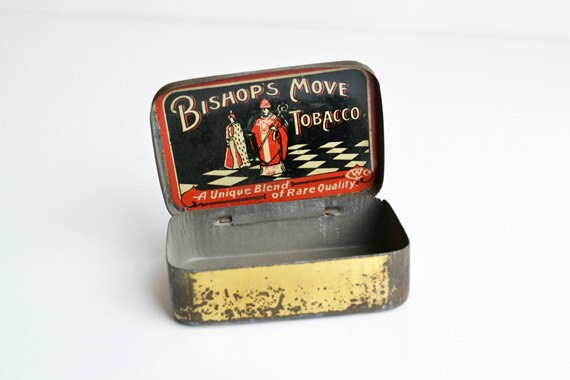 Cigarette tin box, small, antique, The Bishop’s Move – Haute Juice