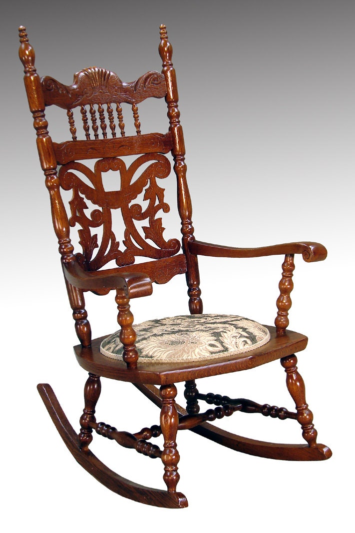 16015 Antique Victorian Cutout Carved Oak Press Back Rocker Rocking ...