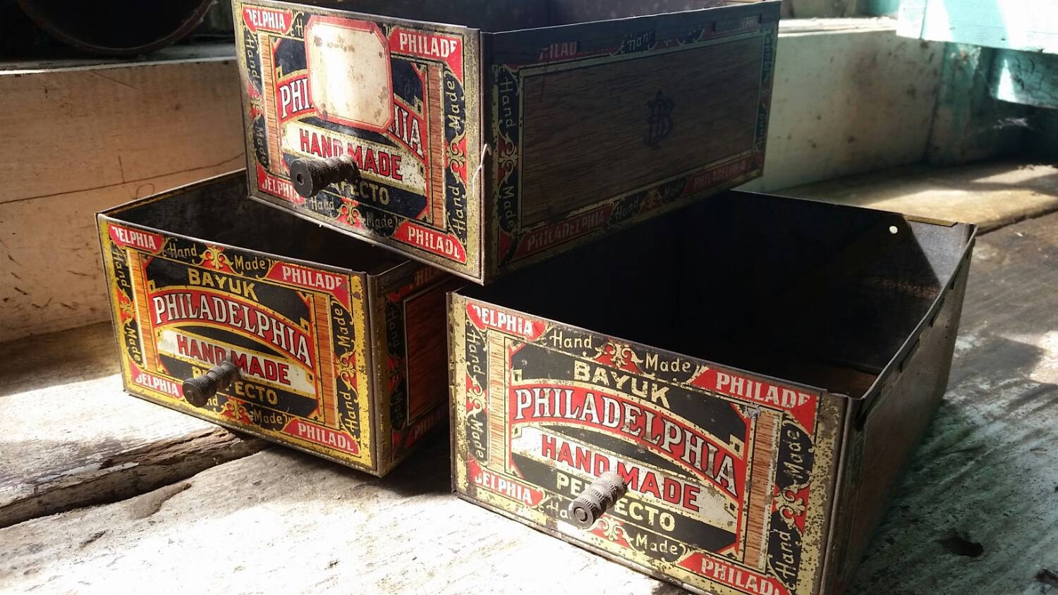 Cigar Box Antique Metal Vintage Storage Boxes Primitive Set of Three ...