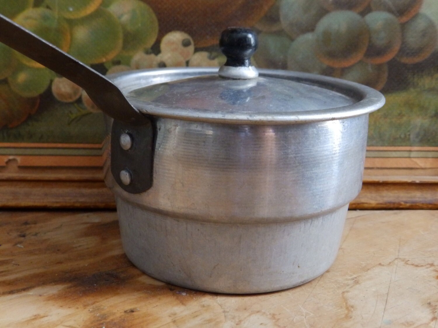 Vintage Small Aluminum Cooking Pot Pan with Lid and Steel