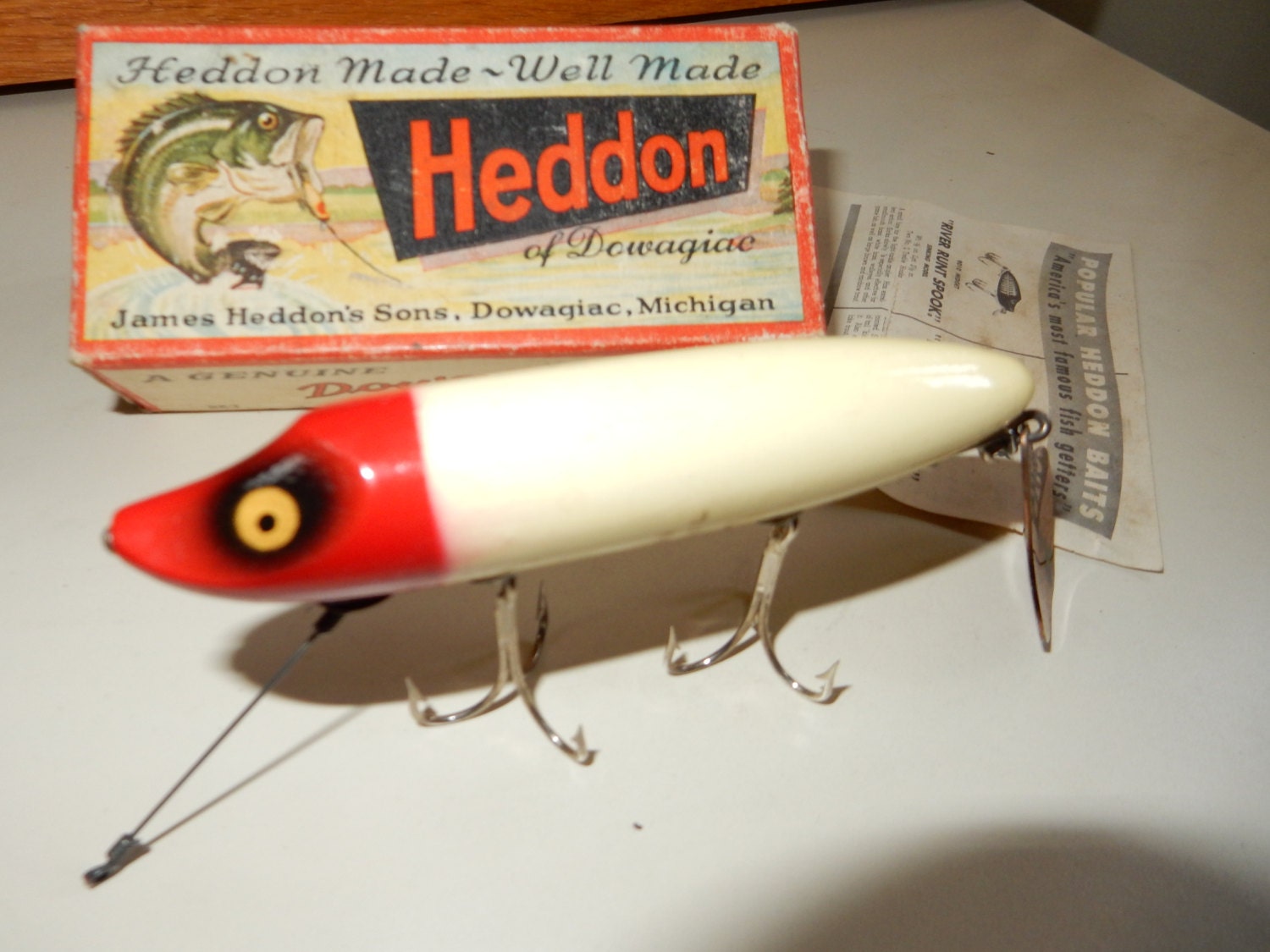 Heddon Wooden Flaptail Lure Box and Papers