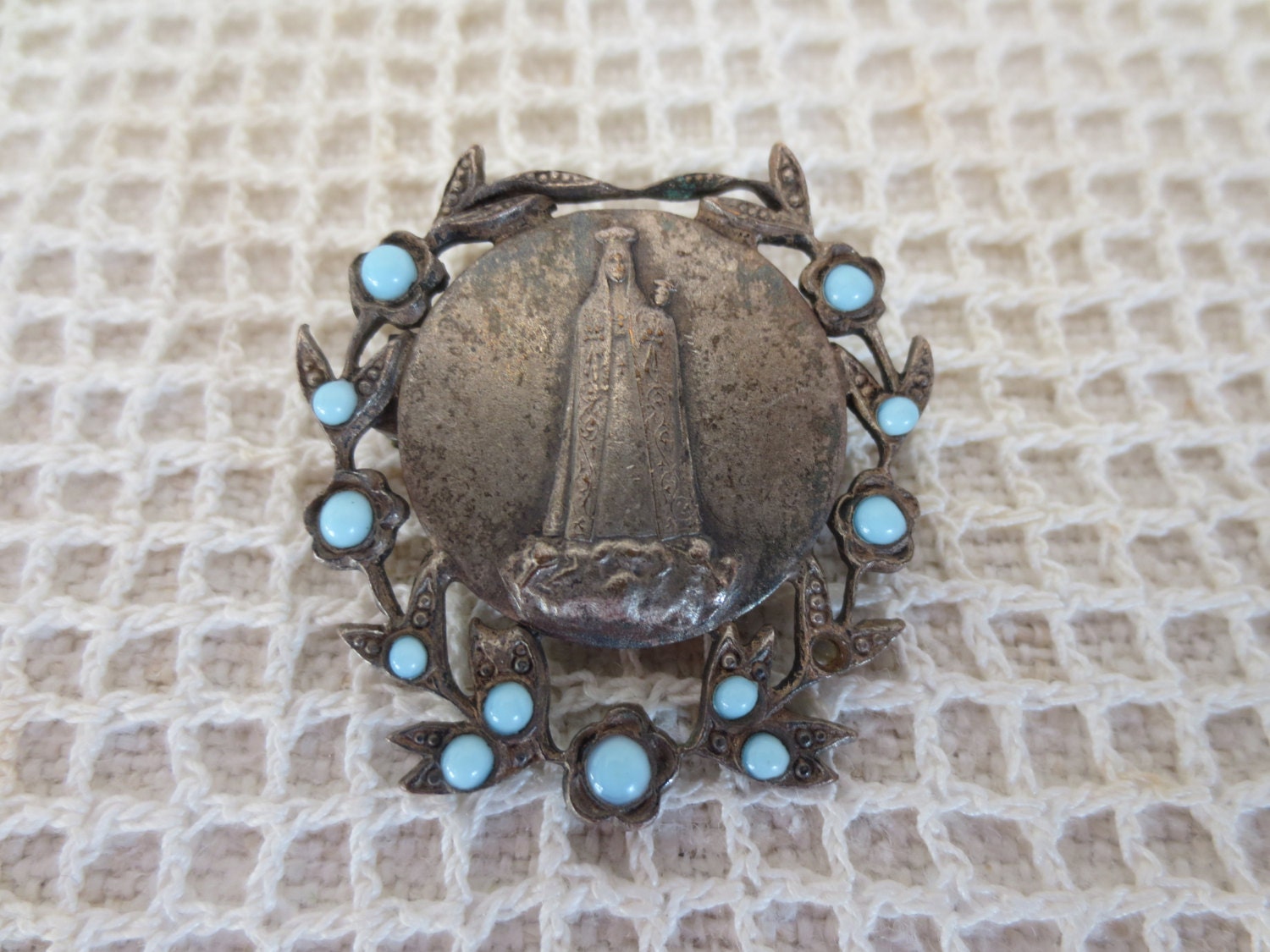 French Religious Brooch Silver with Blue Beads Surrounding Mary with ...