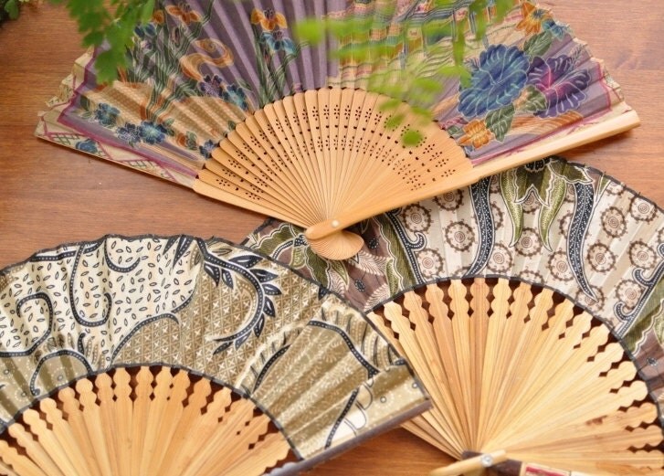 3 Vintage 1970s Indonesian Fabric Hand Fans Silk Batik Wood Bohemian ...