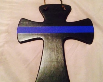 Handmade & Painted Ceramic Thin Blue Line Cross makes a great holiday gift