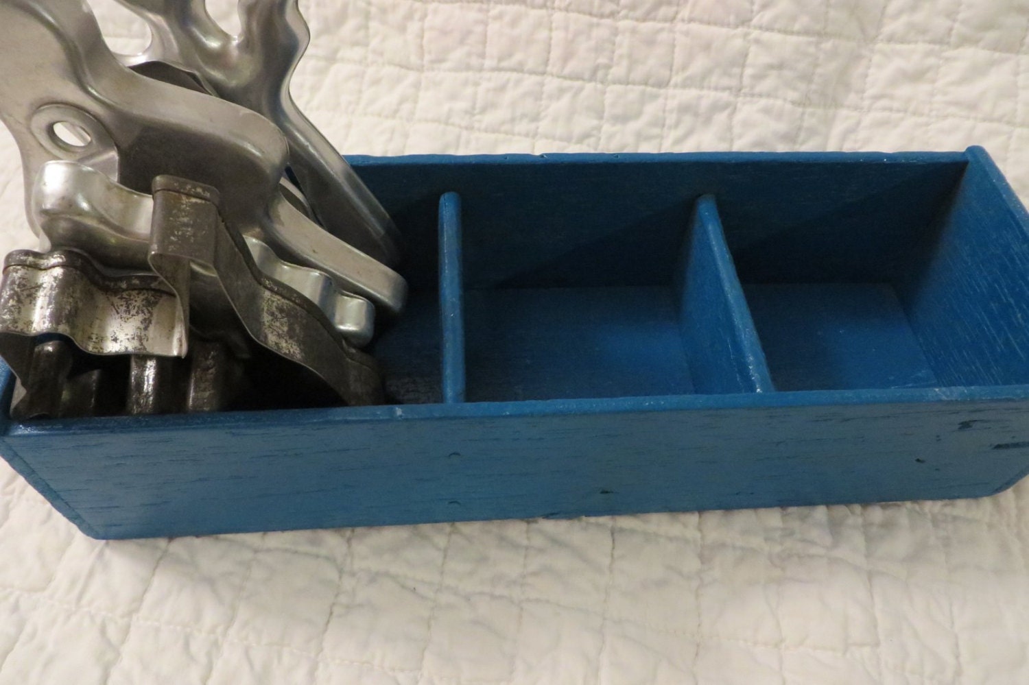 Vintage Sectioned Wood box // 3 Sections // Teal or Turquoise // Solid ...