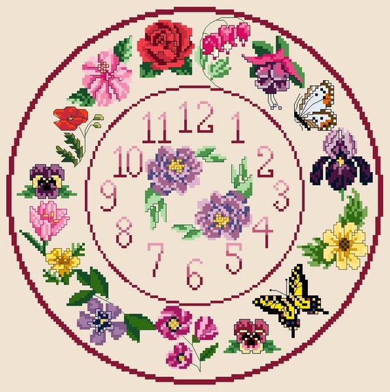 Cross Stitch Flower Clock Chart Pattern No 4