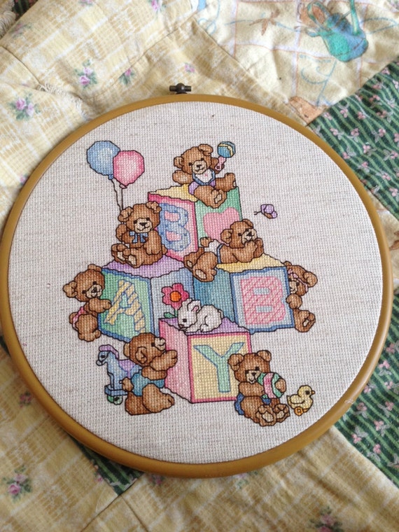 Items similar to Cross stitch nursery hanging, baby bears wall hanging ...