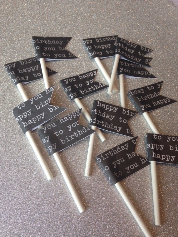 Items similar to Birthday Cupcake Flags, Happy Birthday Decor, Black ...