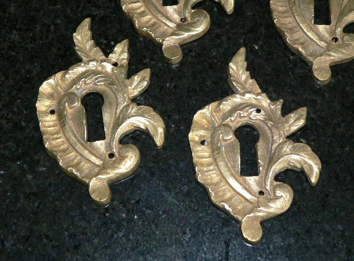 4 antique / vintage French bronze Rococo style furniture lock keyhole ...