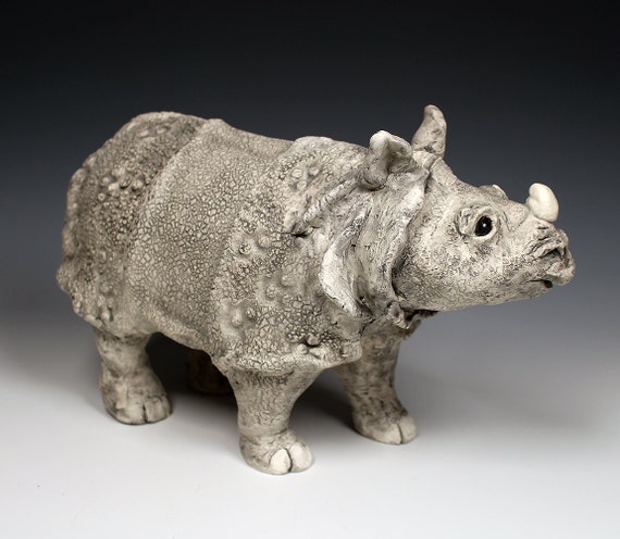 Standing Indian Rhinoceros ceramic animal by ClayAnimalSculptures