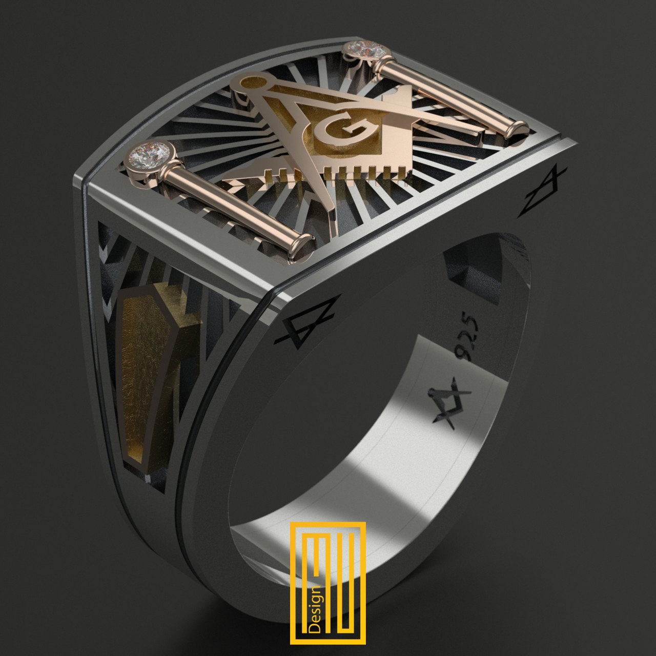 Masonic Ring Unique Design for Men 14k Rose Gold 925k Sterling