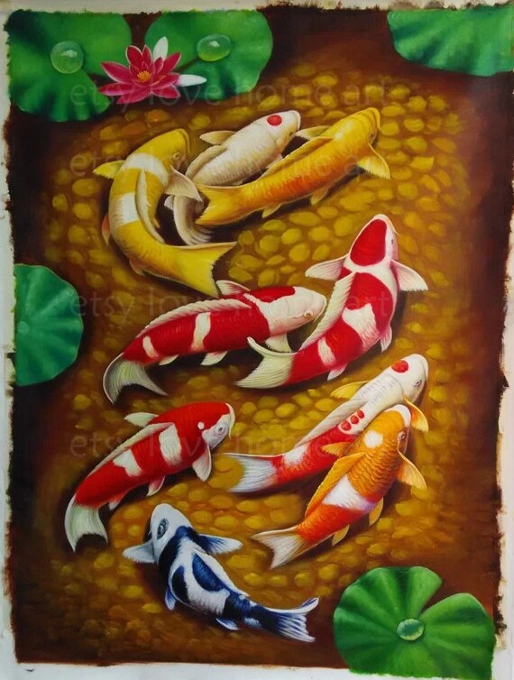 High quality handpainted 9 koi fish oil painting for home
