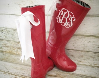 Monogrammed Rain Boots With Bows