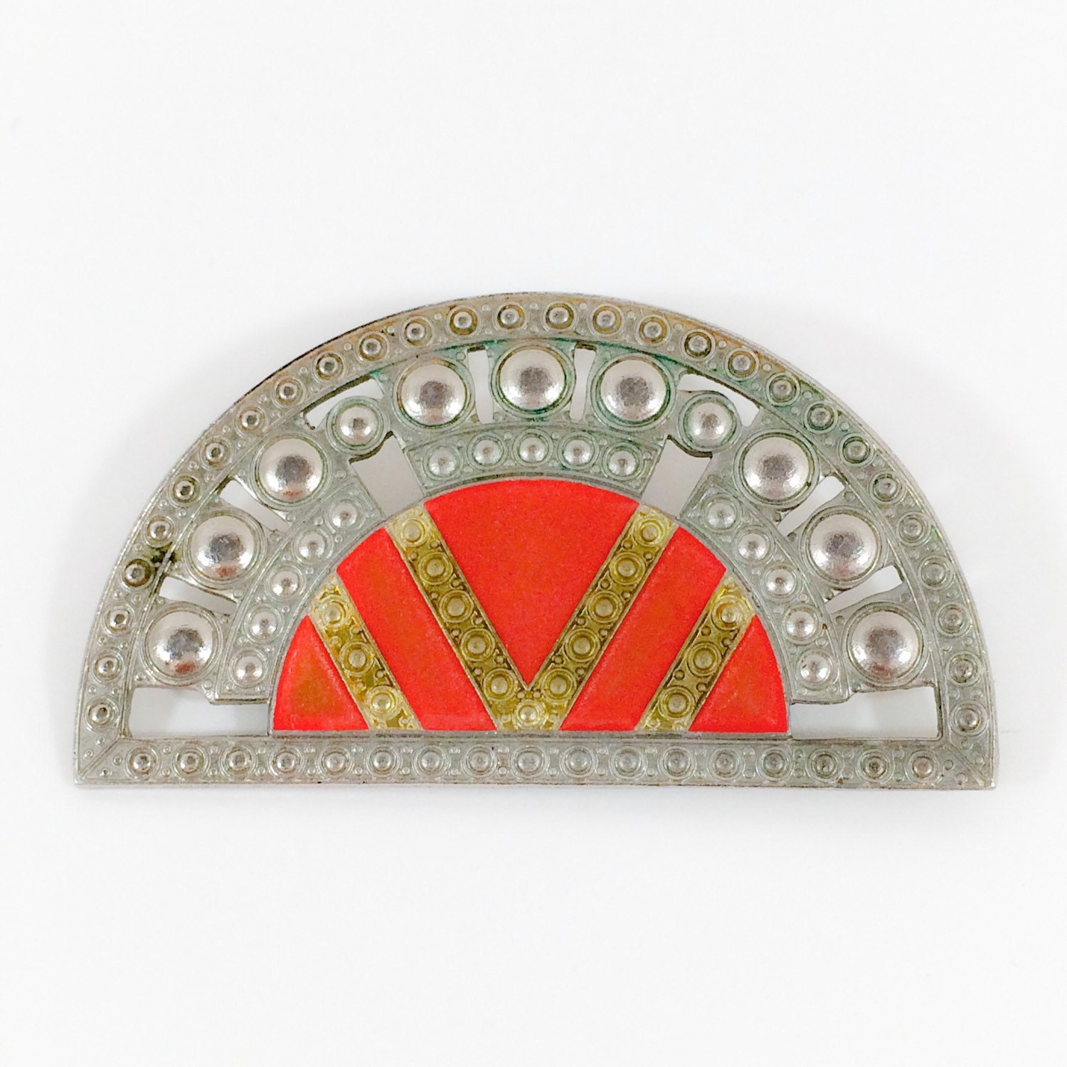Vintage Art Deco Revival semi circular chinese red enamel and resin pin ...