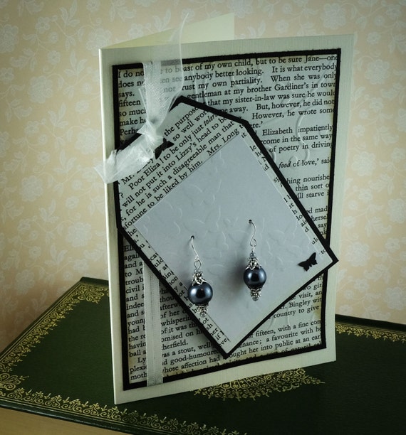 Items similar to Handmade greeting card with dark grey pearl earrings ...