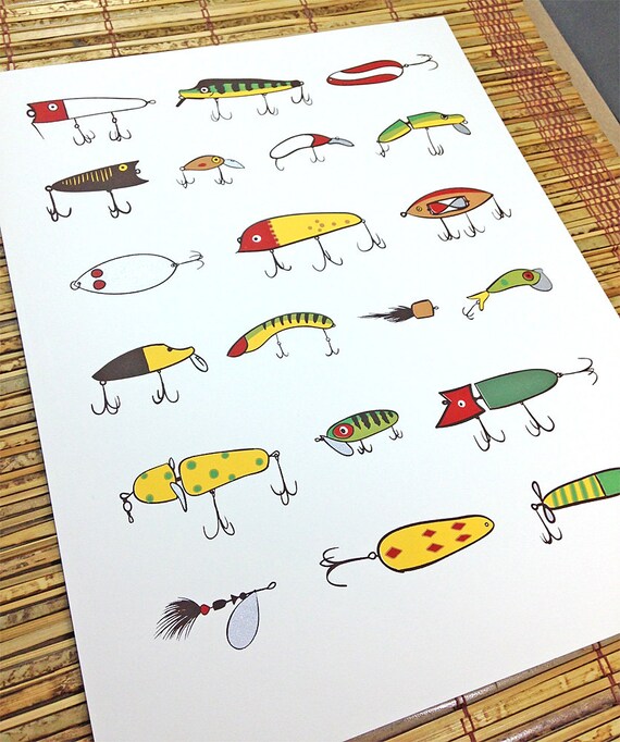 11 x 14 Fishing Lures Screen Print Poster by dogfishmedia on Etsy
