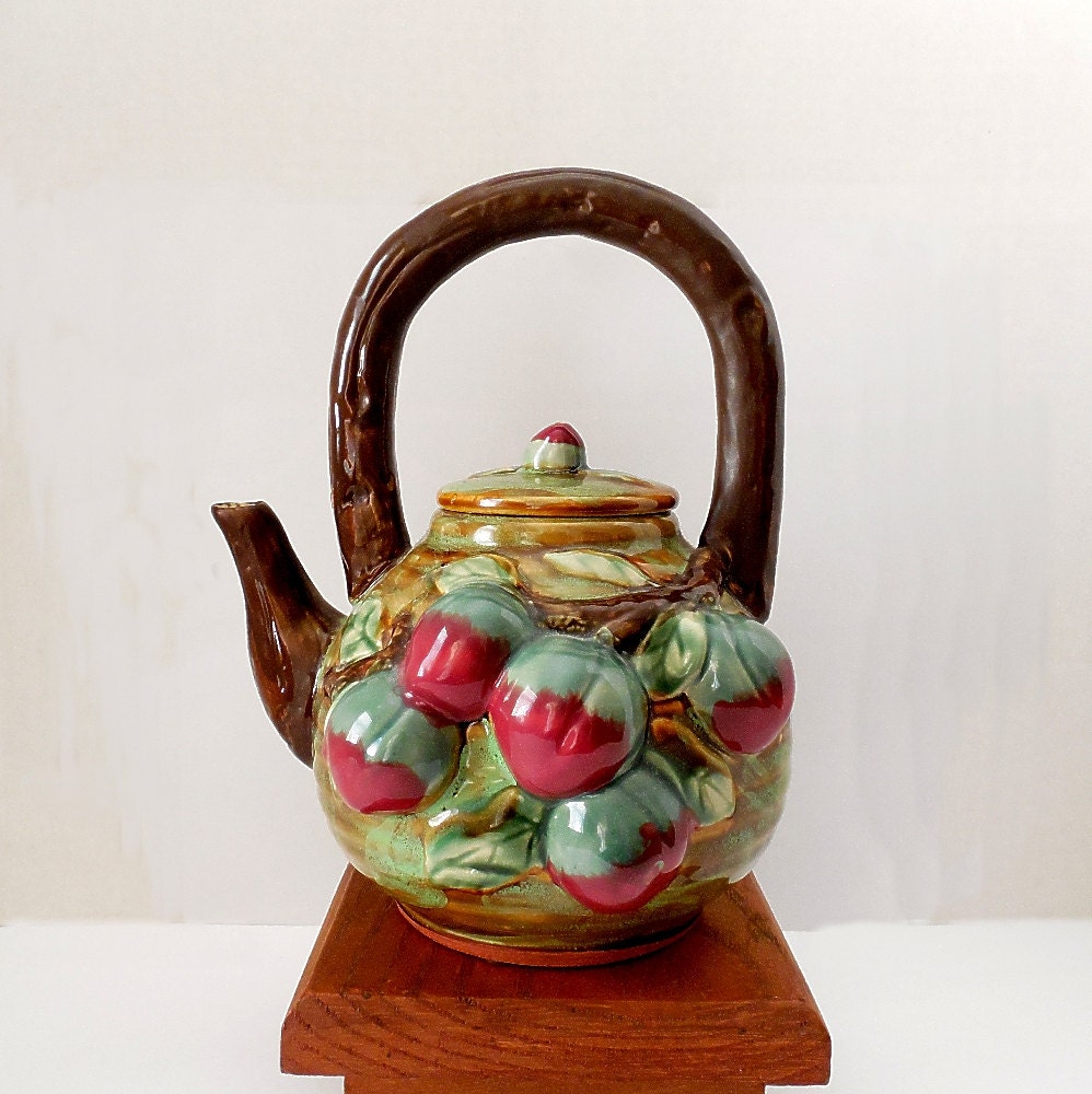 Ceramic Teapot with Raised Fruit Cherries Apples and Branch