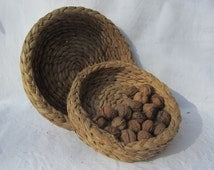 2 French vintage baskets. Hand woven coiled basket, twisted rye grass ...