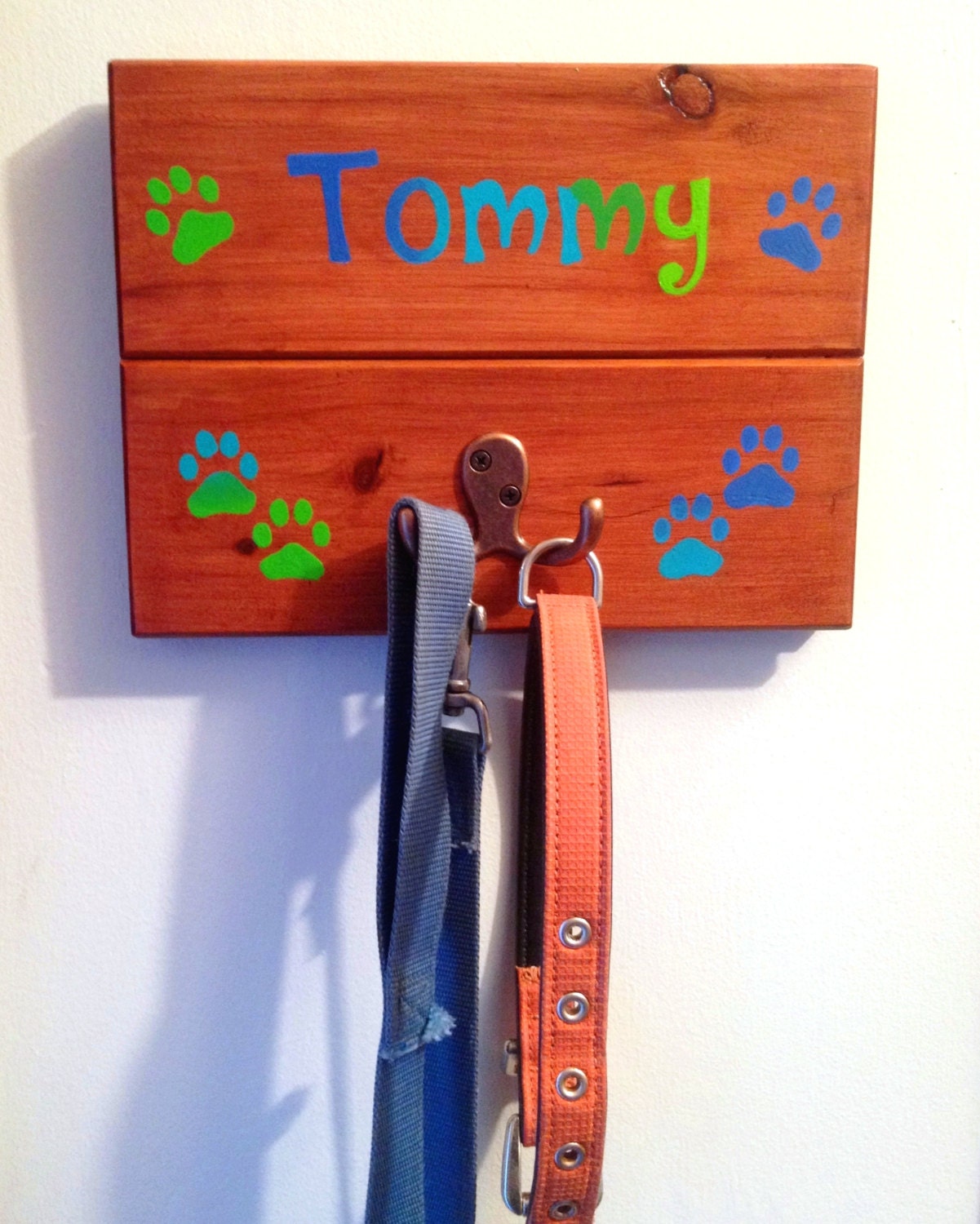 Dog leash holder Double hook Hand painted wood Pet's