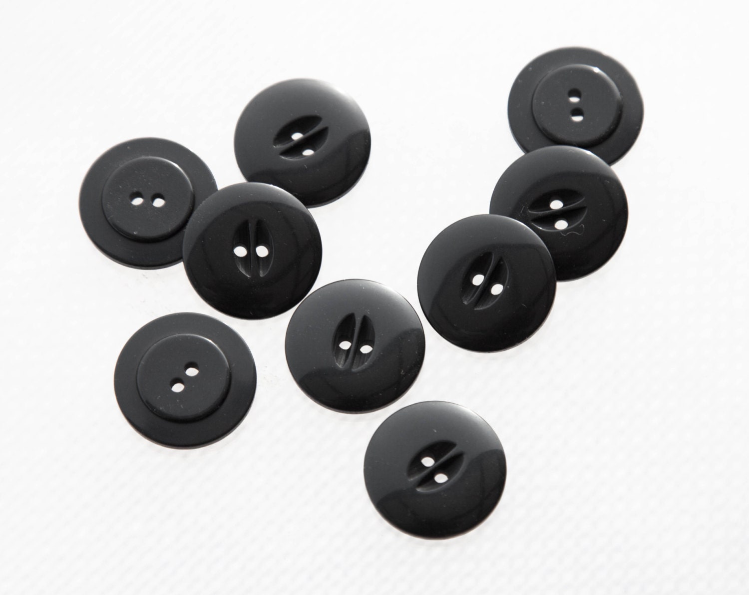 16 Vintage 1 Black Shiny Plastic Buttons. 2 Recessed