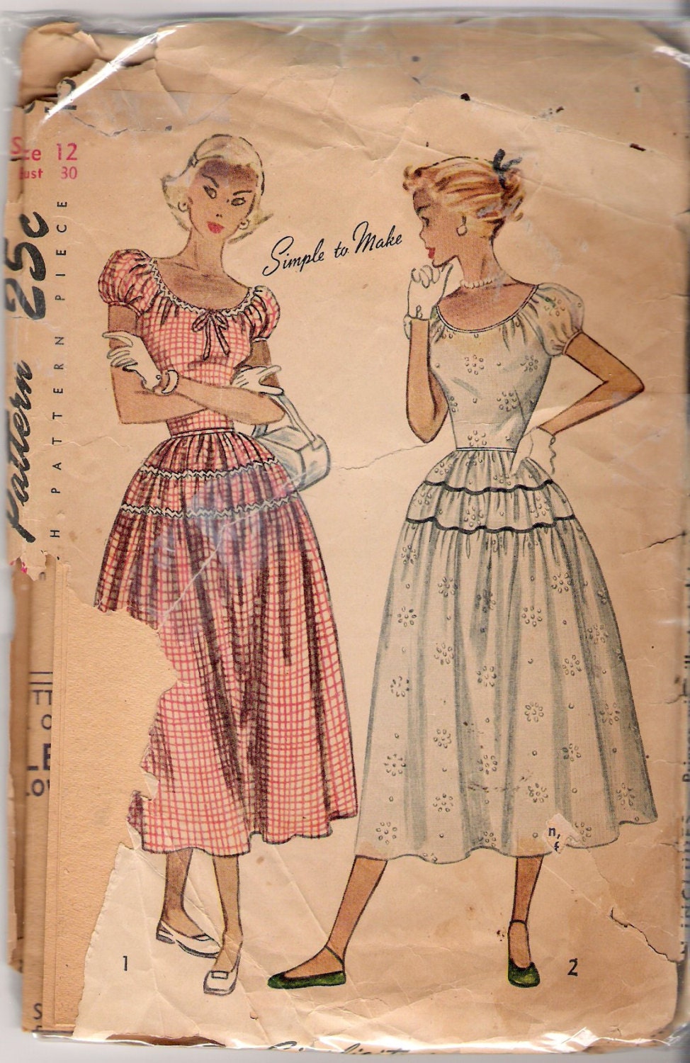 Vintage 1948 Simplicity 2512 Peasant Style One Piece Dress