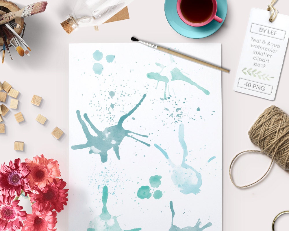 Watercolor clipart splatter splashes (40) mint teal aqua blue turquoise ...