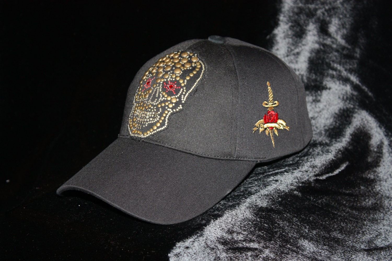 Sugar Skull Baseball Cap Men Black Gabardine Metal Inserts