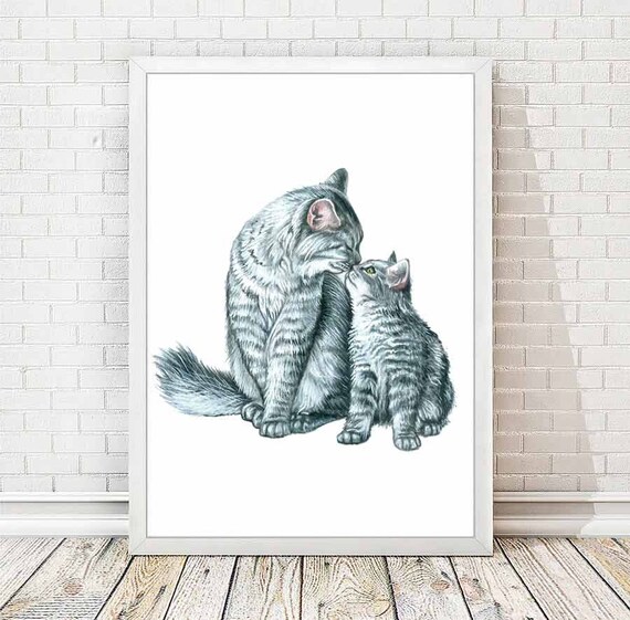 Items similar to Cat Mother with Baby Kitten Watercolor Print Art Print ...
