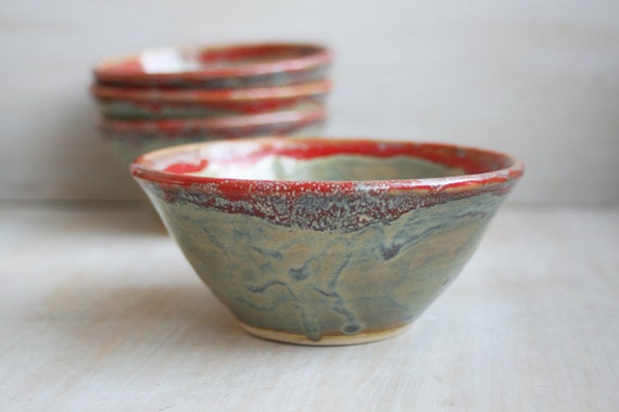 Rustic Ceramic Bowls in Textured Green Glaze by sheilasart on Etsy