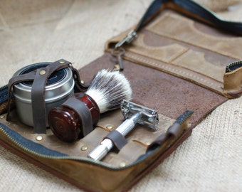 Men's Toiletry Roll Shaving Kit Grooming Leather Shave