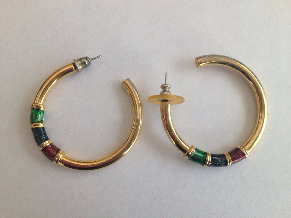 Vintage Hoop Earrings Blue Green Red Enamel By Mimisvintageshop