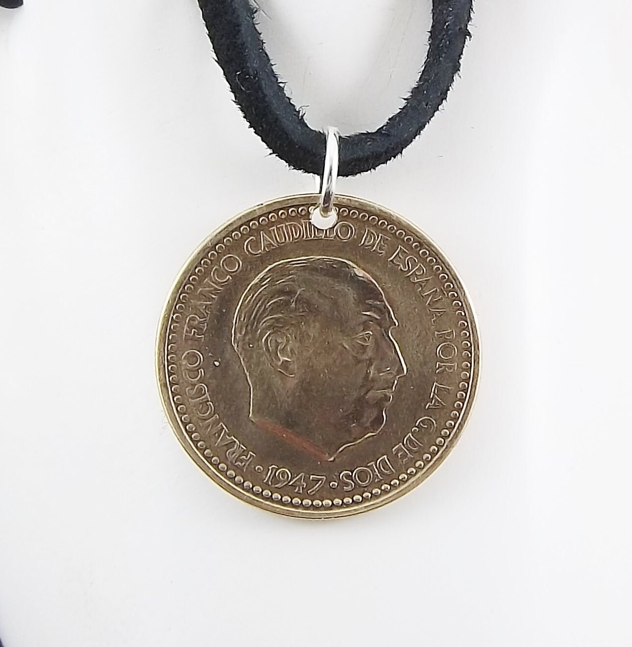 Spanish Coin Necklace 1 Peseta Coin Pendant Leather Cord