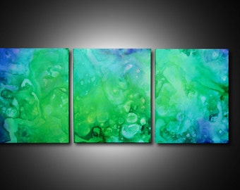 Abstract art triptych painting modern large canvas wall art fluid acrylic art green art