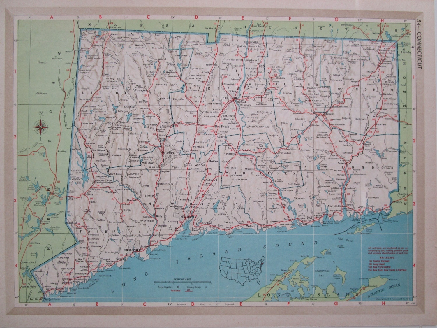 1952 CONNECTICUT Railroad Map. 8x11. 1950s. Mid Century