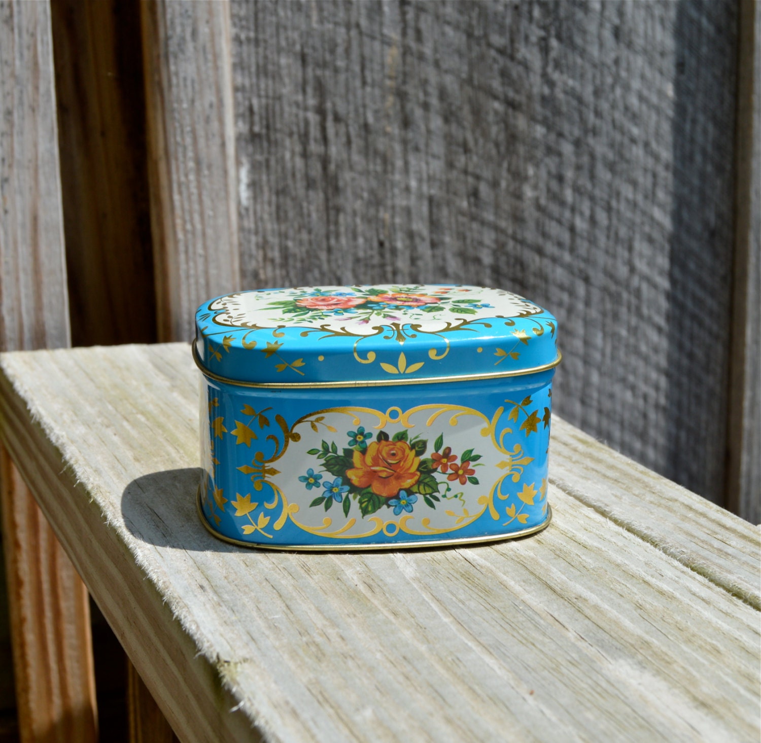 Flower Tin, Blue Hinged Tin, Vintage Floral Tin, Container Made in ...