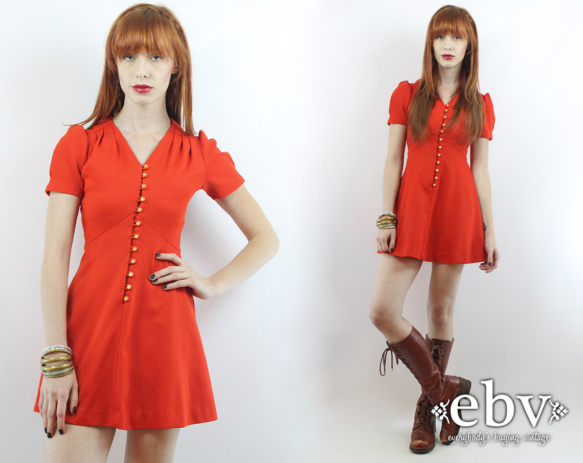 Vintage 70s Red Puff Sleeve Babydoll Dress XXS XS Hippie Dress Hippy ...