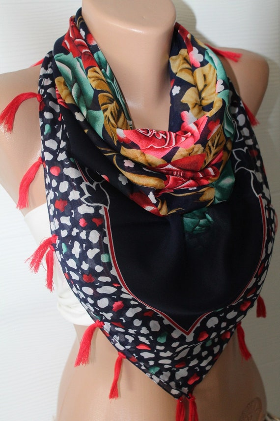 Elegant Navy Blue Square Scarf Red Tassel by ElegantScarfStore