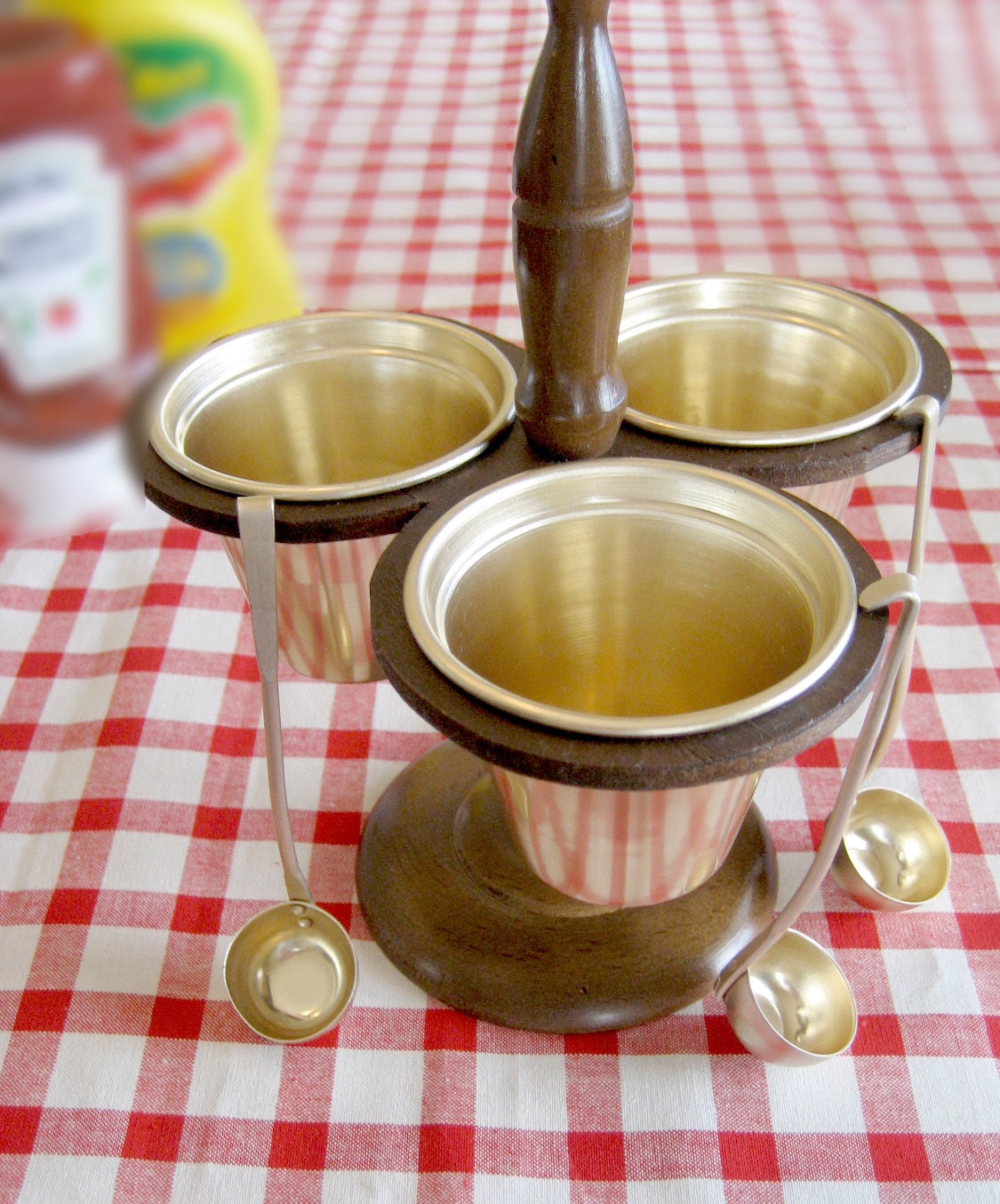 Mid Century Teak Wood Gold Chrome Serving Caddy Set – Bowl Cups Spoon ...