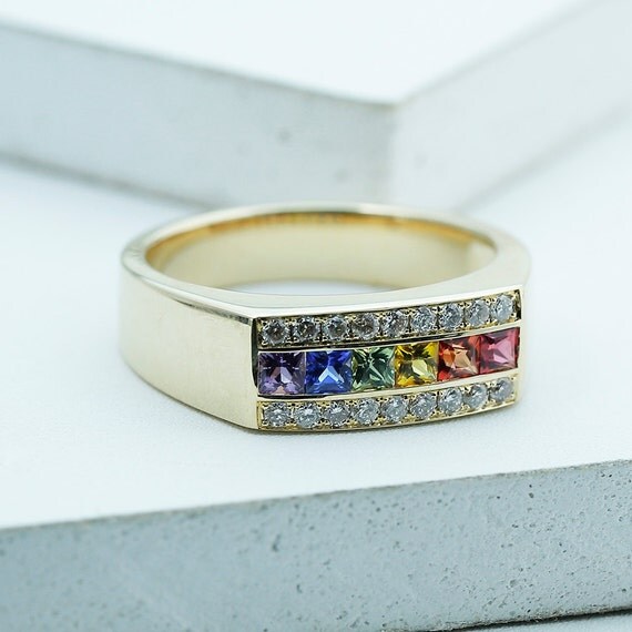 Mens Rainbow Diamond Engagement Ring Wedding Band 14K by Equalli