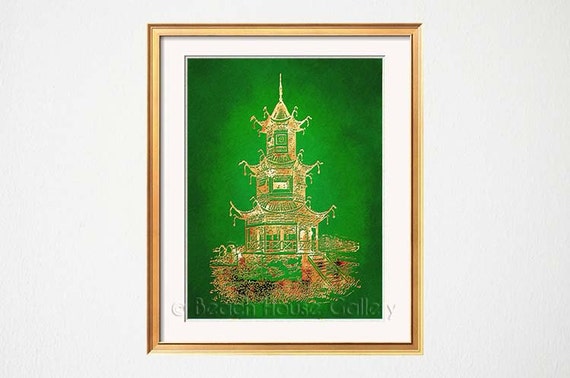 Chinoiserie Pagoda Art Print Pagoda Wall Art Jade Green