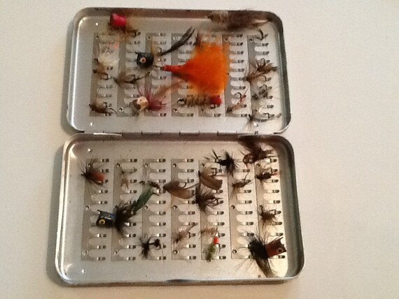 Vintage Fly Box / Perrine 90 / Flies and Poppers / Aluminum