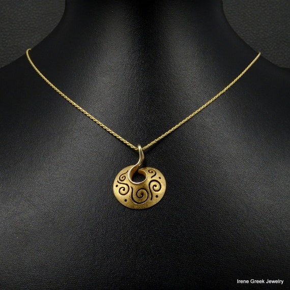 Greek Key Pendant Chain 14K Solid Yellow Gold Greek Handmade